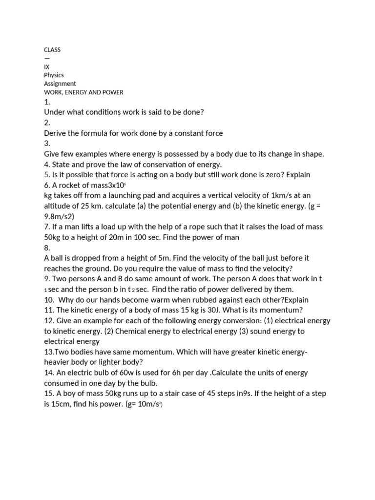 Work, Energy, and Power Assignment IX | PDF