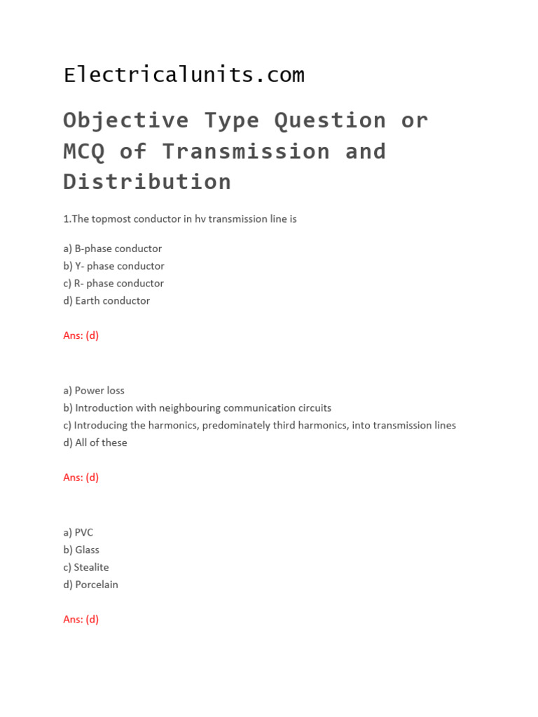 Objective Type Question or MCQ of Transmission and Distribution - Compress | PDF | Electric ...