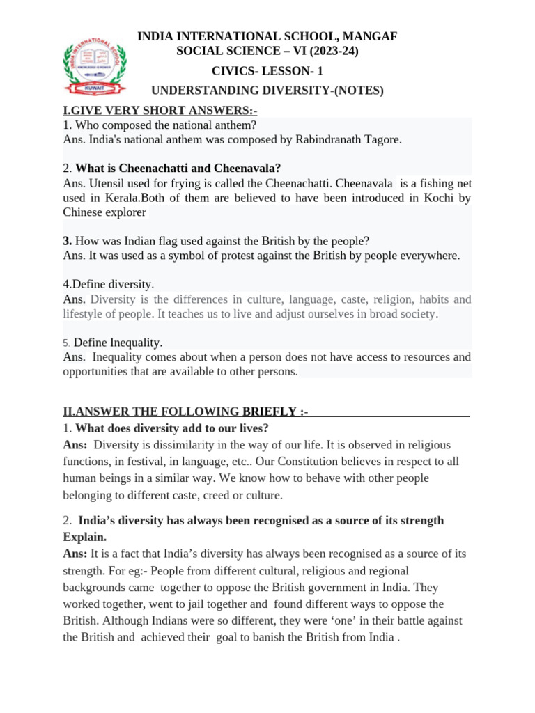 Civics Understanding Diversity Notes 23-24 | PDF
