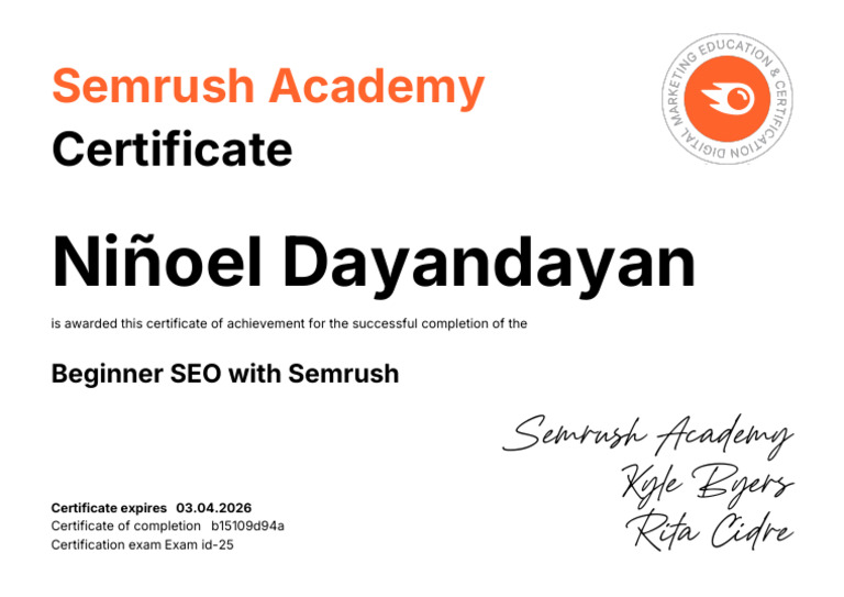 Beginner SEO With Semrush Certificate | PDF