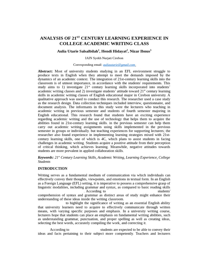Analysis of 21st Century Learning Experience in Academic Writing ...