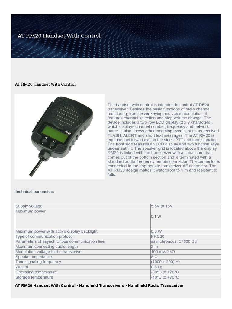AT RM20 Handset for RF20 Control | PDF | Radio | Modulation