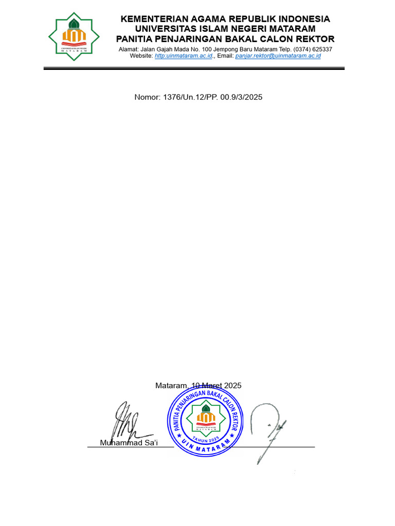 PENGUMUMAN PENJARINGAN CALON REKTOR UIN MaATARAM | PDF