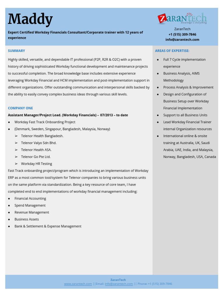 Trainer Profile - Workday Finance - Maddy | PDF | Enterprise Resource Planning | Accounting