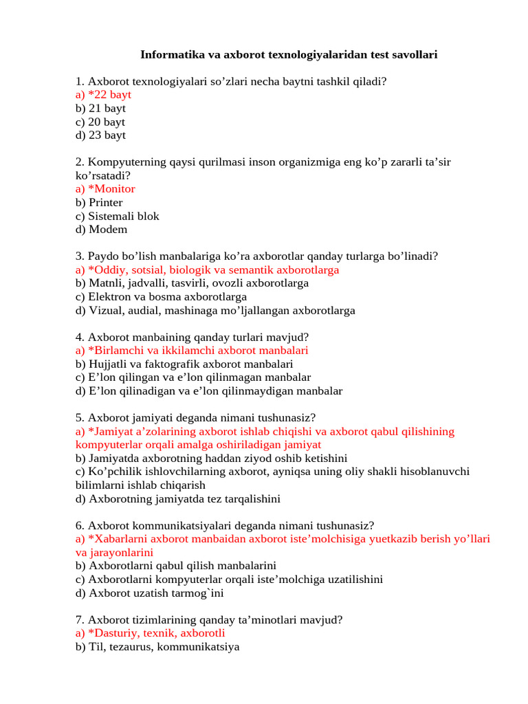 Informatika Va Axborot Texnologiyalaridan Test Savollari | PDF