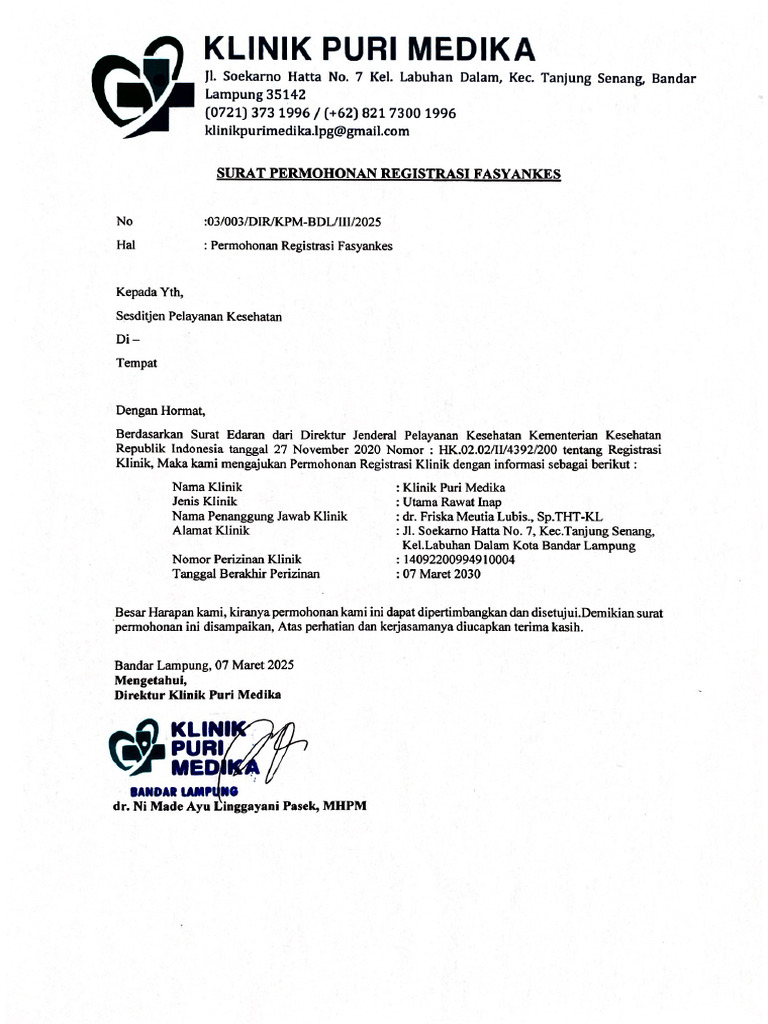 Surat Permohonan Registrasi Fasyankes - Signed | PDF