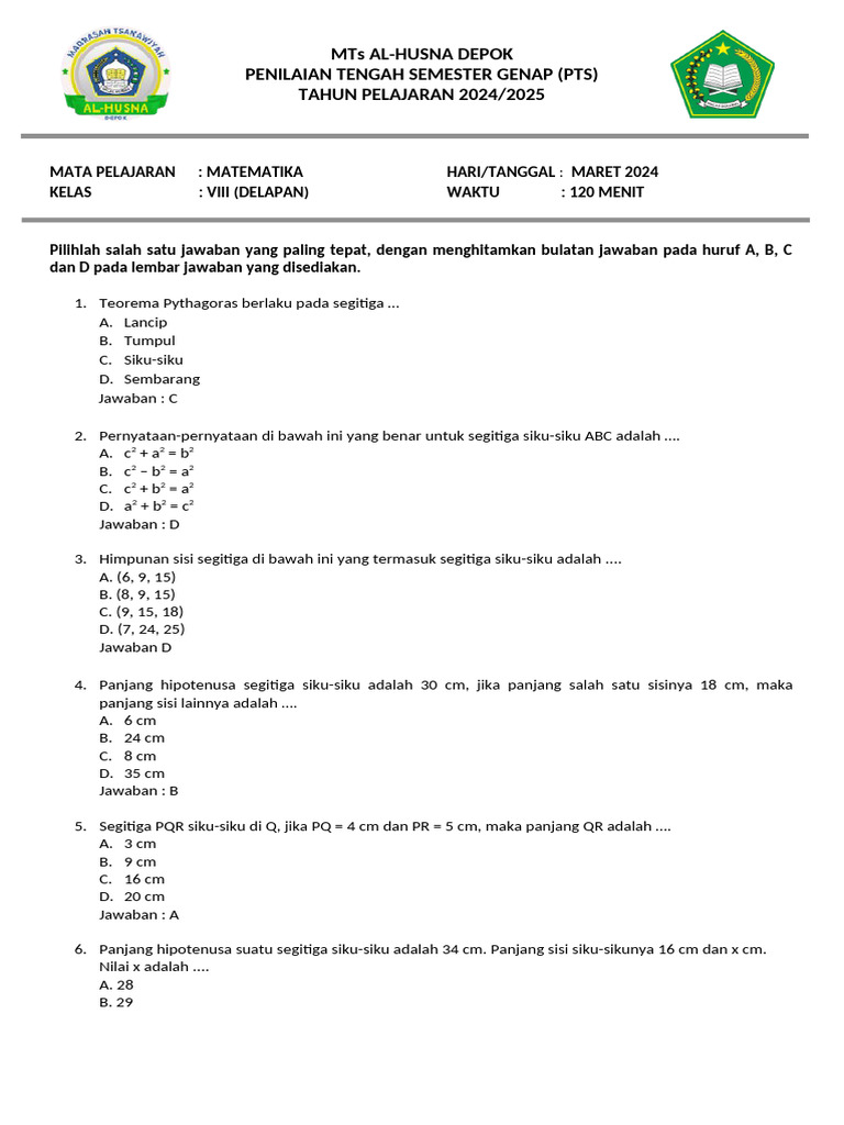 PTS Matematika Kelas 8 Semester 2 | PDF