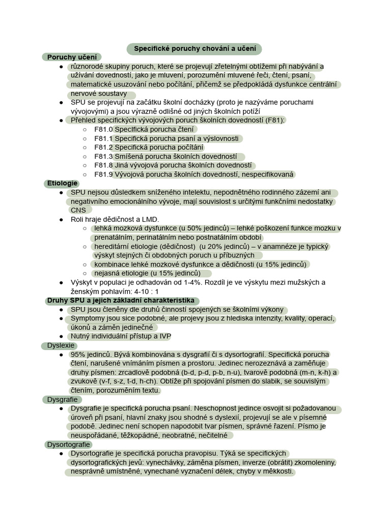 Specifické Poruchy Chování A Učení | PDF