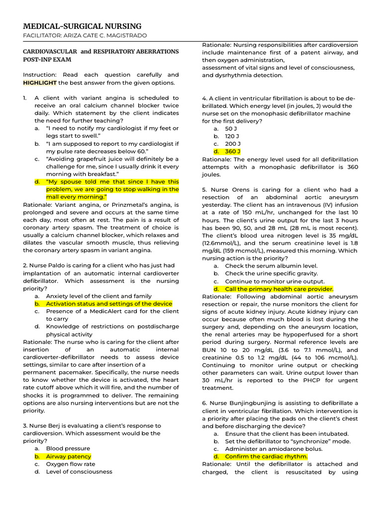 Answer Key - POST-INP-EXAM - CARDIO-RESPI ABERRATIONS | PDF | Heart ...