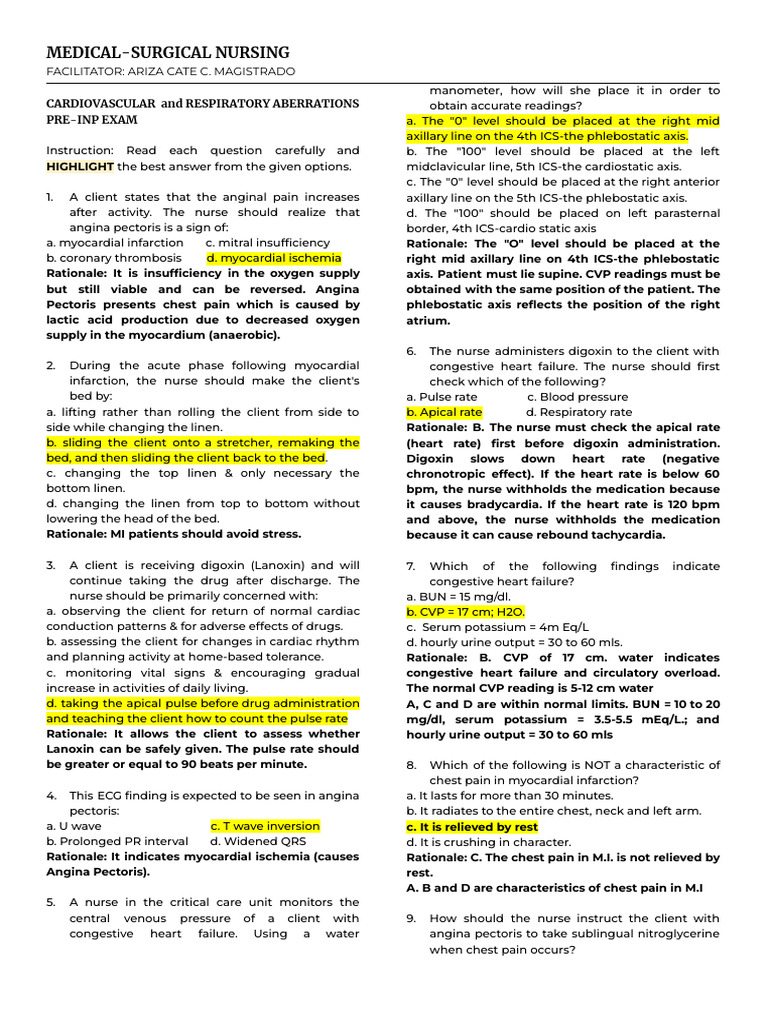Answer Key - Pre-Inp Exam - Cardio-Respi Aberrations | PDF | Pneumonia ...