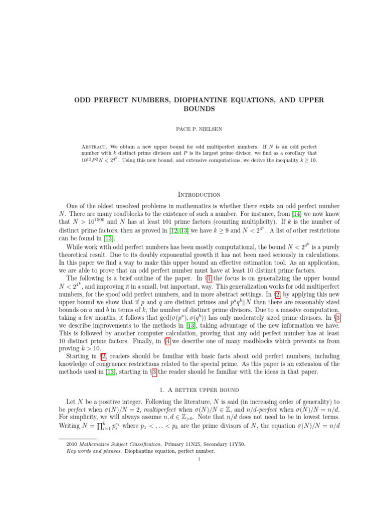 Odd Perfect Numbers, Diophantine Equations, and Upper | PDF | Prime ...