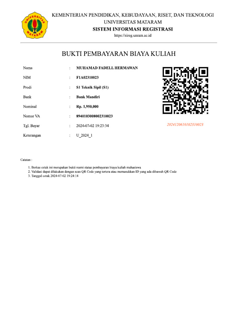 Bukti Pembayaran Ukt Semester 3 | PDF