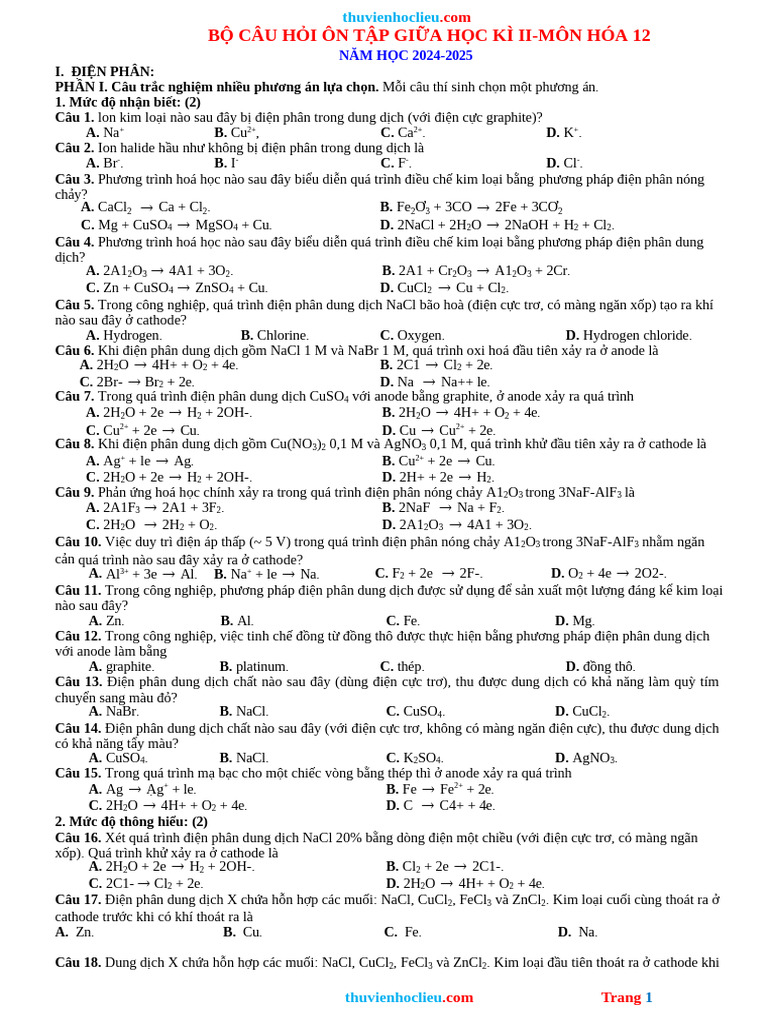 thuvienhoclieu.com-Bo-Cau-hoi-on-tap-giua-HK2-Hoa-12-KNTT-24-25 | PDF
