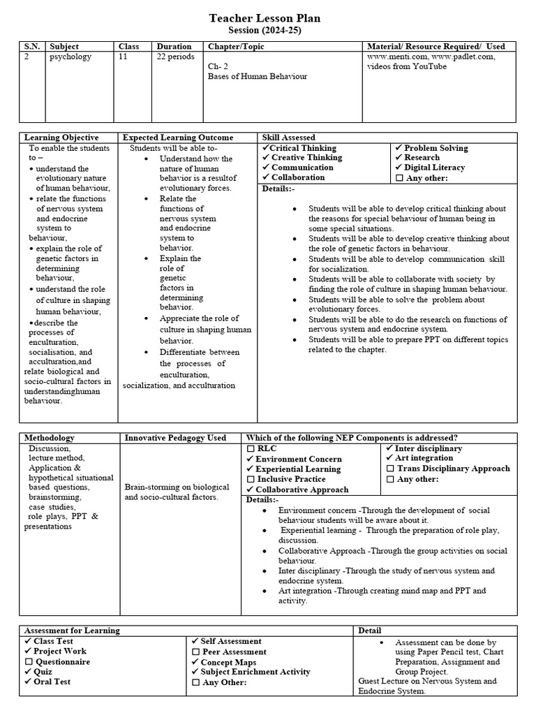 Psychology Lesson Plan Class 11 Final | PDF | Thought | Perception