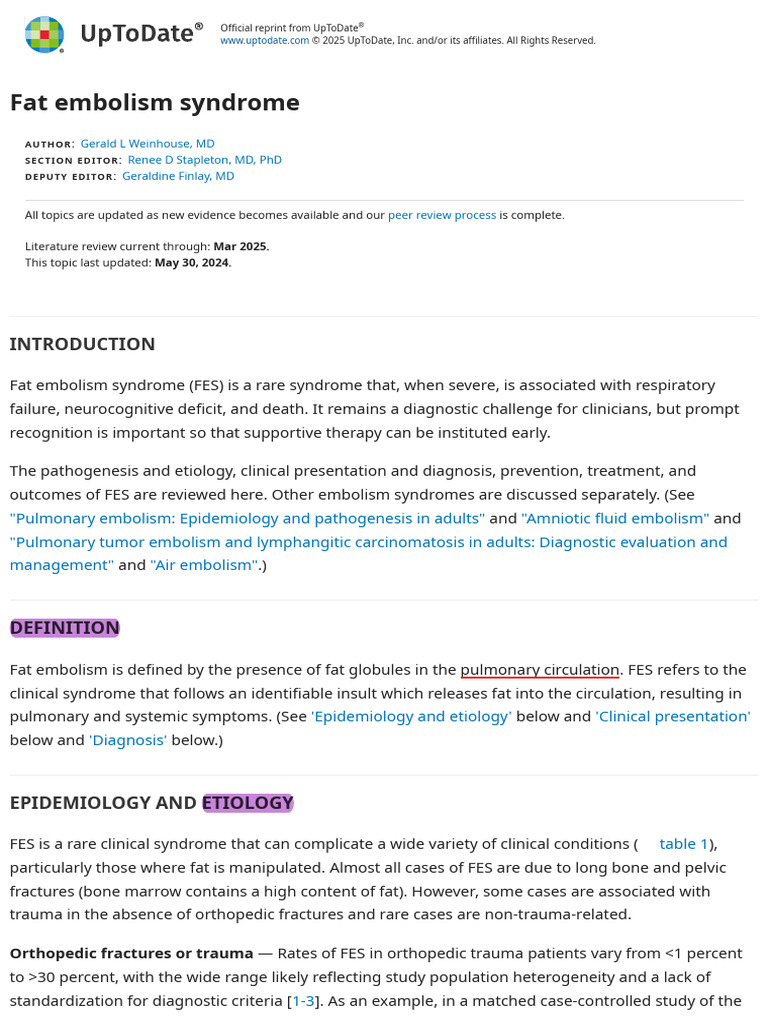Fat Embolism Syndrome - UpToDate | PDF | Medical Diagnosis | Embolism