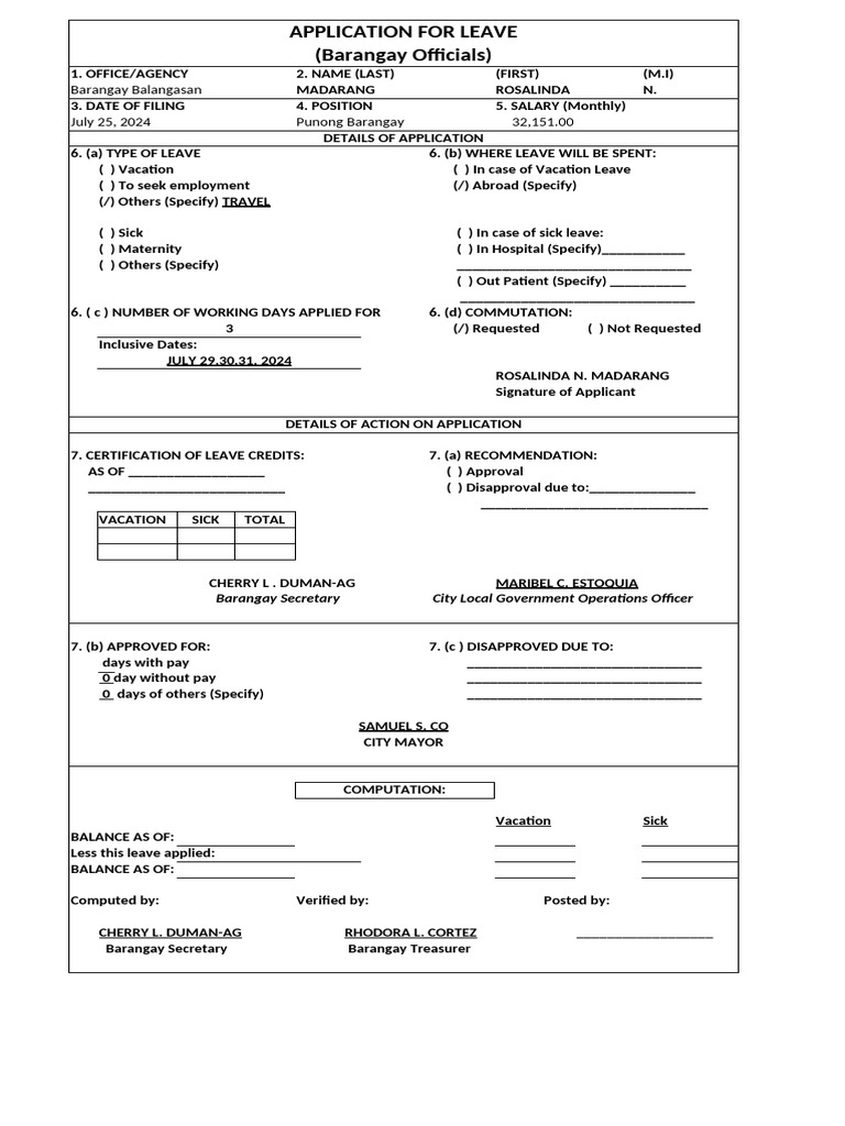 Leave Application for Barangay Officials | PDF | Sick Leave | Employment
