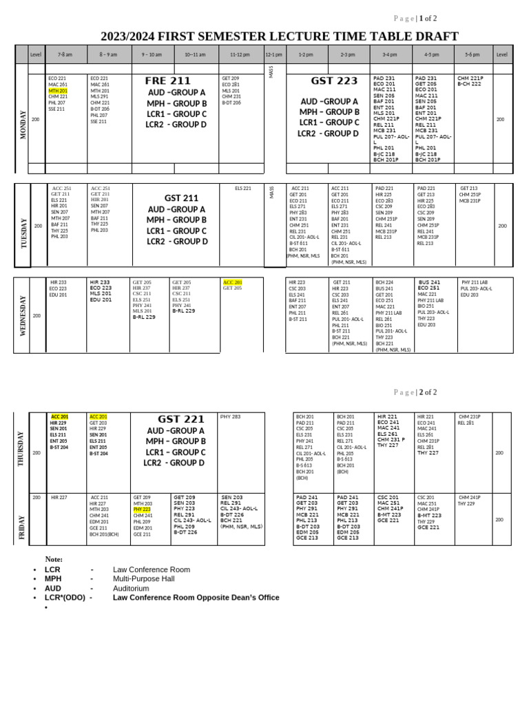 DRAFT OF 2023 - 2024 1st Semester Lecture Timetable | PDF