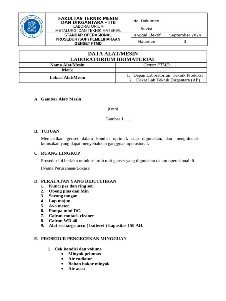 SOP Pemeliharaan Genset FTMD | PDF
