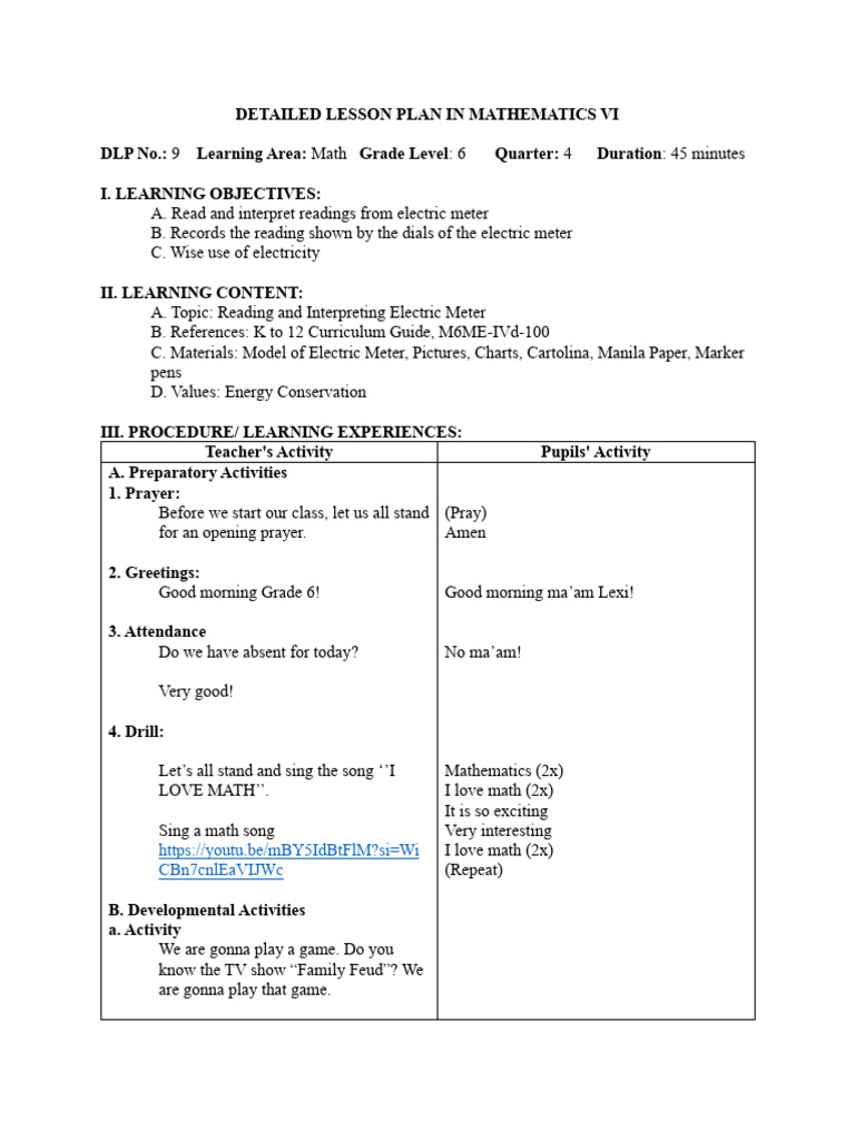 Electric Meter Reading Lesson Plan | PDF | Learning