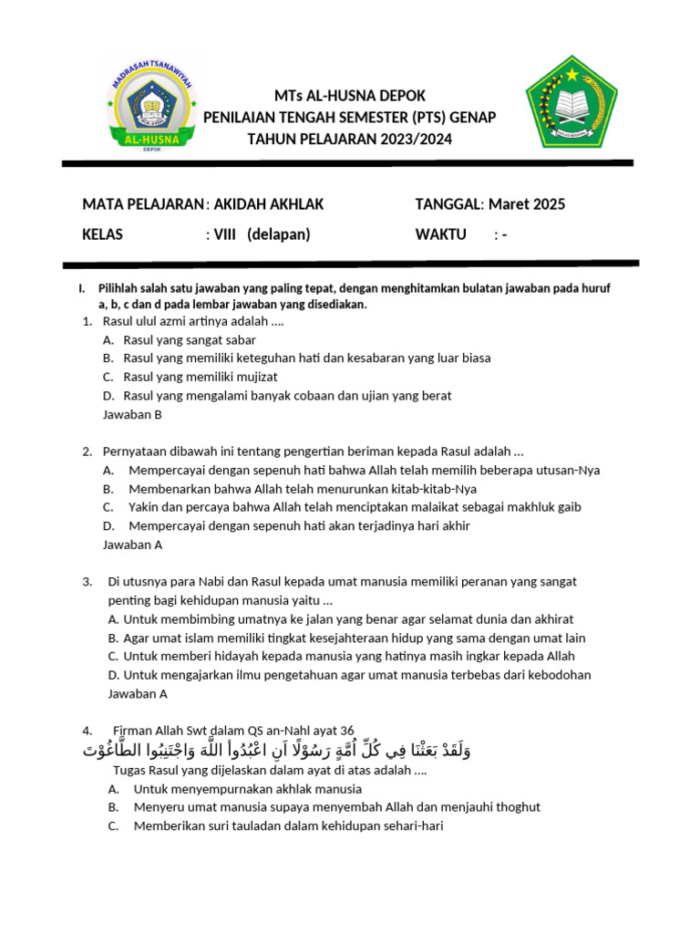 Soal Pts Akidah Kls Viii Sem 2 2024-2025 | PDF