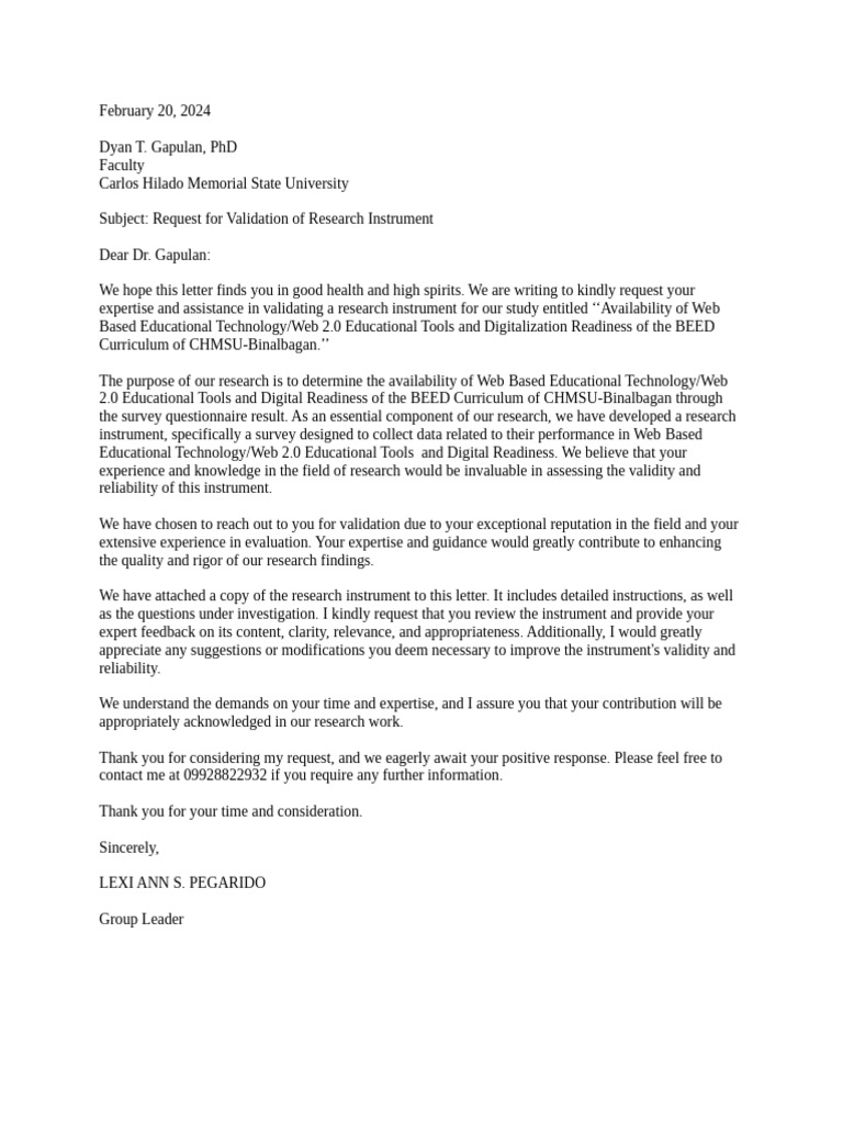 Validation Request for Research Instrument | PDF | Educational ...