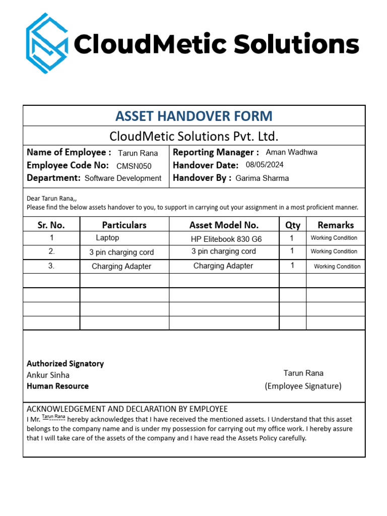 Asset Handover Form Template | PDF