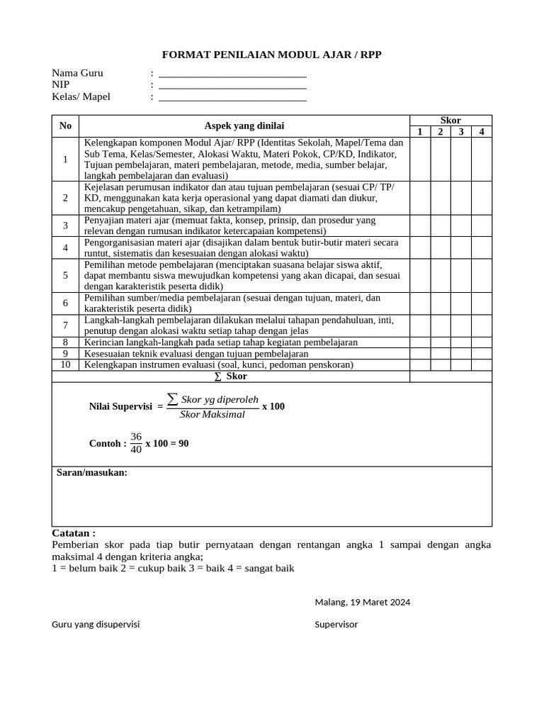 Format Penilaian Rencana Pelaksanaan Pembelajaran RPP 1 | PDF