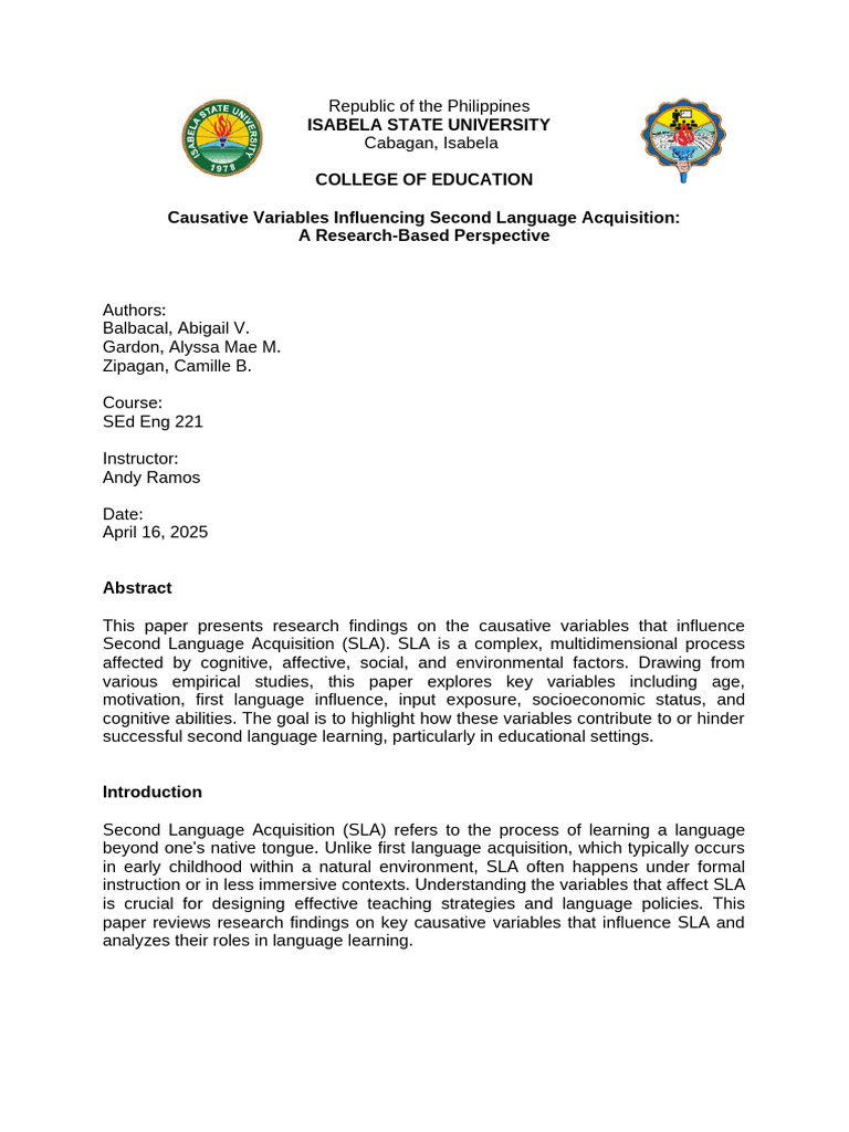 Causative Variables Influencing Second Language Acquisition - A ...