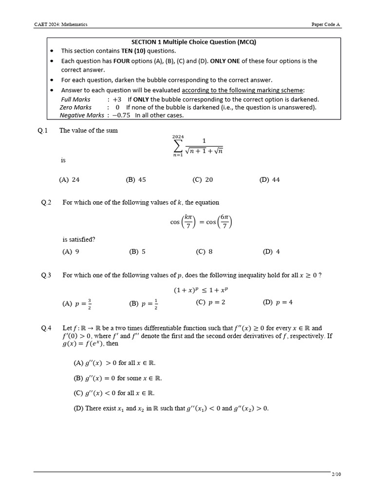 CAET 2024 Mathematics Sample Paper | PDF | Inequality (Mathematics ...
