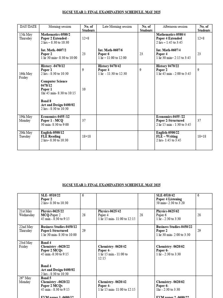 Igcse Year 1 Final Examination Schedule May 2025 | PDF
