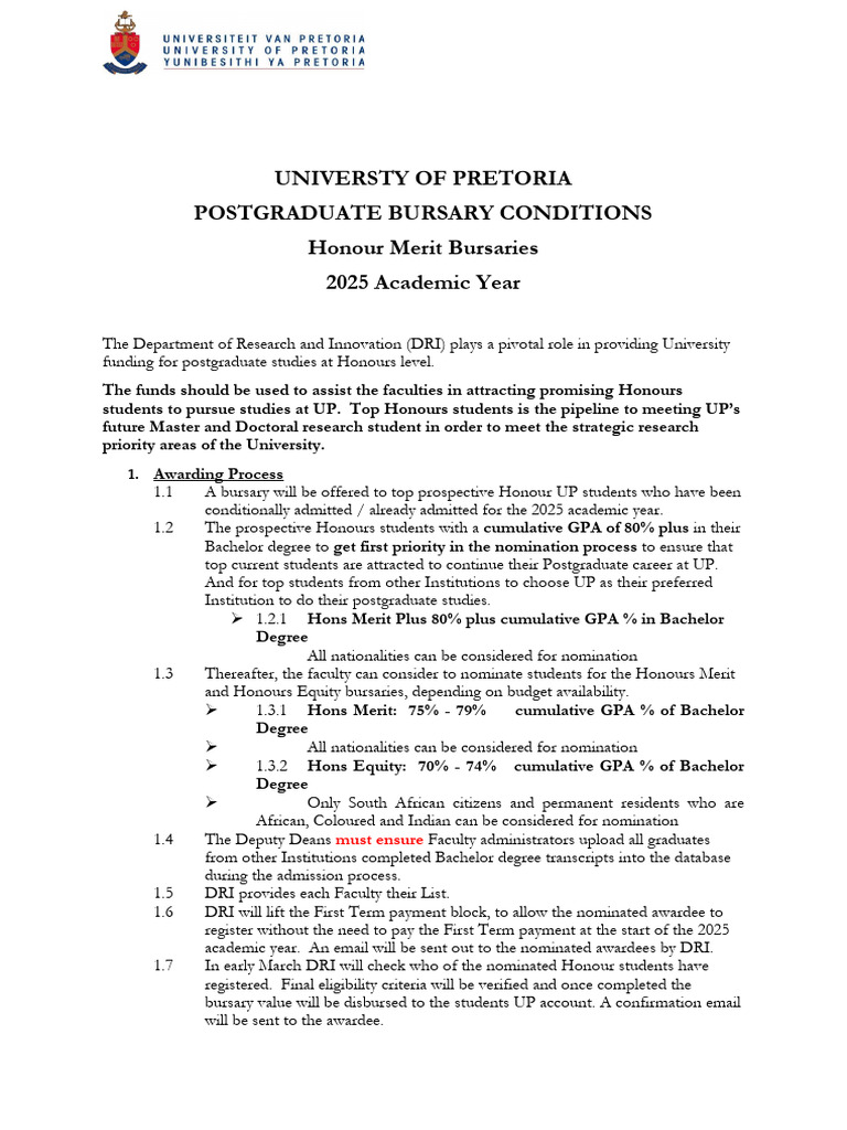 UP Honours Merit Bursaries 2025 Guide | PDF | Postgraduate Education ...
