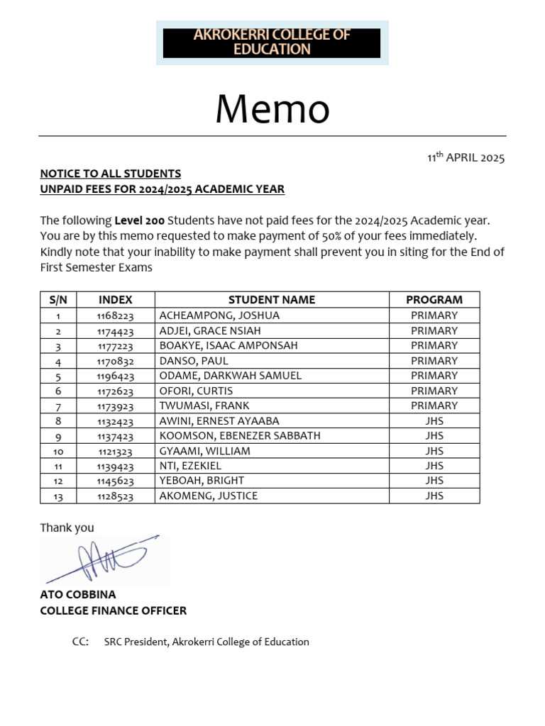 Memo To Level 200 Students - Not Paid A Penny 2025 - 250411 - 131617 | PDF