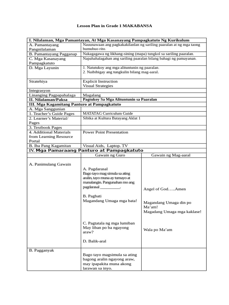 Lesson Plan in Grade 1 MAKABANSA 2 | PDF