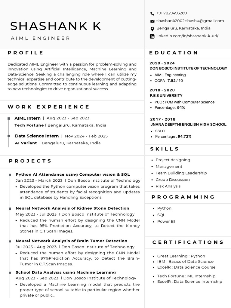 Resume Shashank K | PDF | Machine Learning | Artificial Intelligence