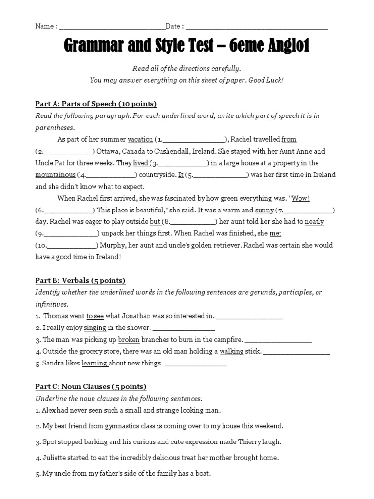 6eme Grammar and Style Test | PDF | Sentence (Linguistics) | Comma