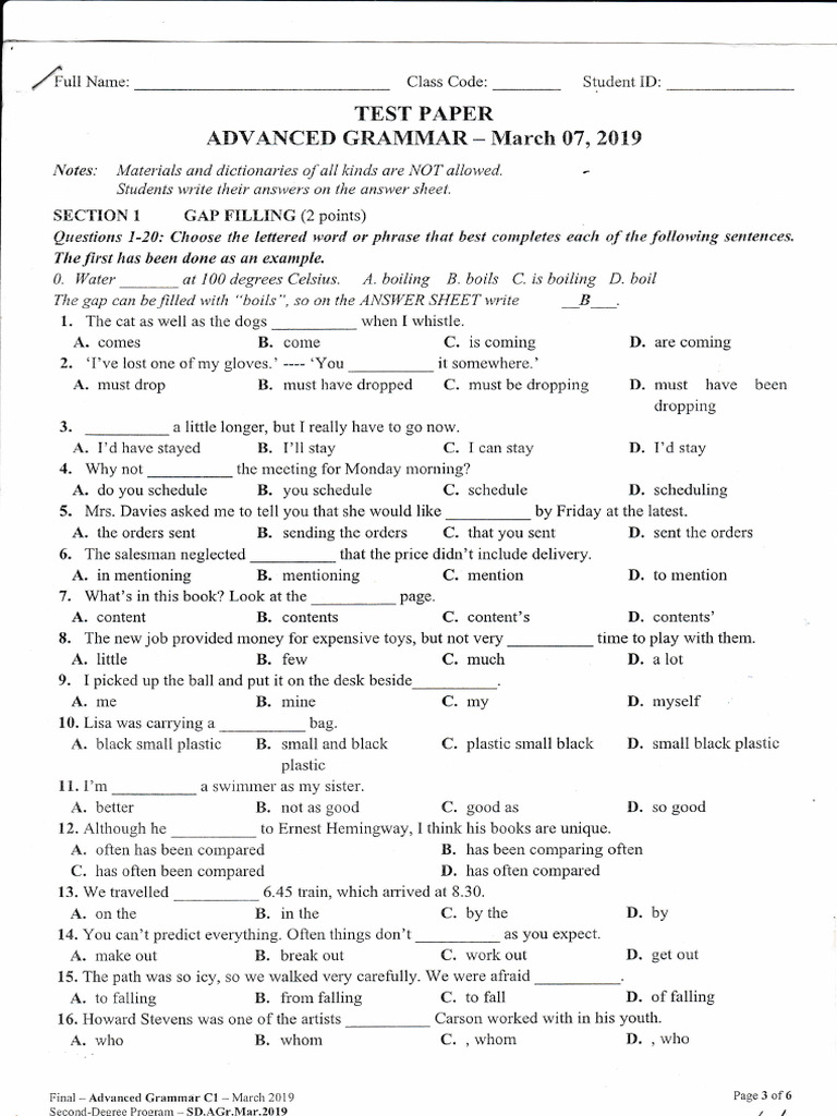 Advanced Grammar C1 Test Paper | PDF