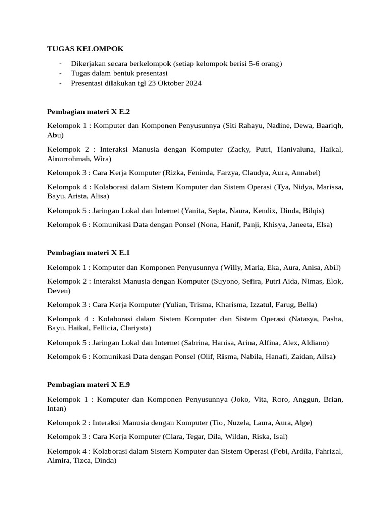 PEMBAGIAN TUGAS KELOMPOK TIK KELAS X | PDF