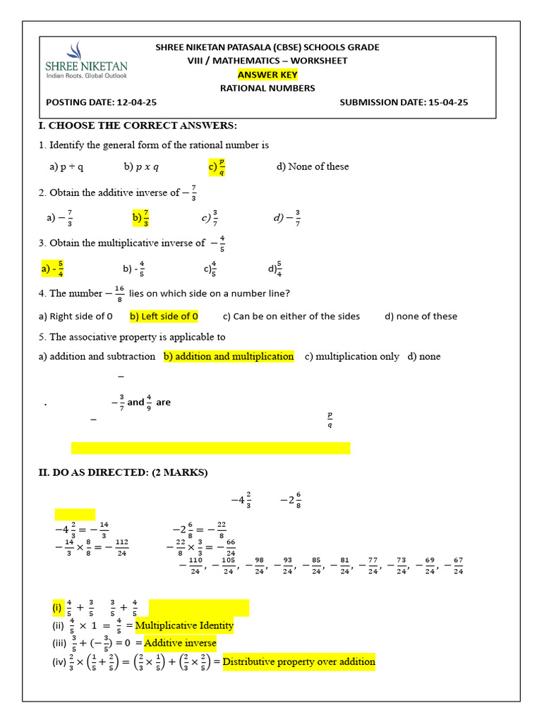Rational Numbers Worksheet for Grade VIII | PDF | Subtraction | Numbers