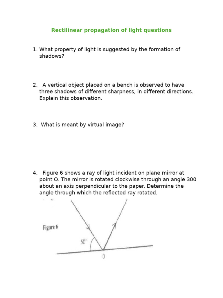 Rectilinear Propagation of Light Questions | PDF | Mirror | Reflection ...