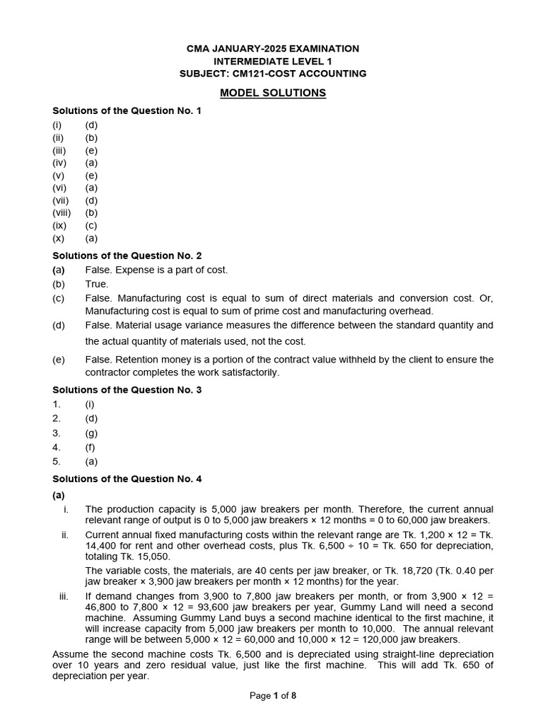 CM121.COA (IL-I) Solution CMA January-2025 Exam. | PDF | Profit (Economics) | Depreciation