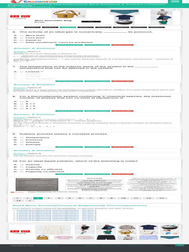 Chemical Engineering Thermodynamics MCQ Questions & Answers Chemical Engineering Page-2 Section ...