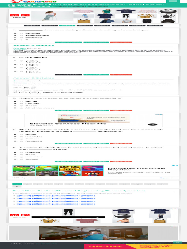 Chemical Engineering Thermodynamics MCQ Questions & Answers Chemical ...