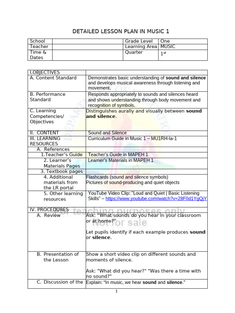 MUSIC Grade 1.docx detailed lesson plan | PDF | Lesson Plan | Learning