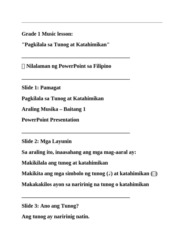 Tagalog Powerpoint DETAILED LESSON PLAN IN MUSIC 1 WORD | PDF