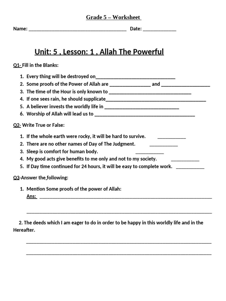 Grade 5 Worksheet On Surah An Naba | PDF
