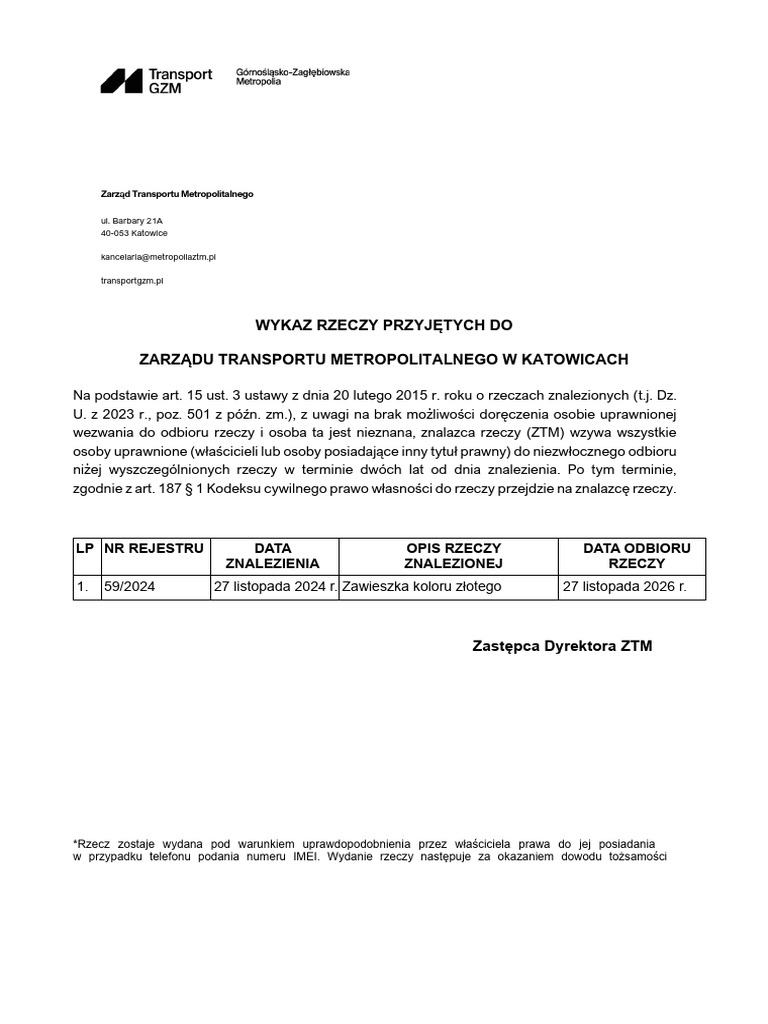 Wykaz Rzeczy Znalezionych ZTM 2024 | PDF