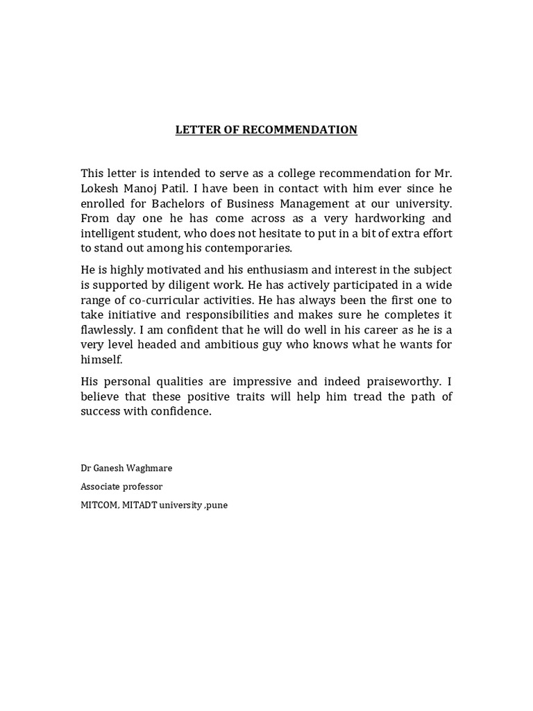 LETTER OF RECOMMENDATION Loki | PDF