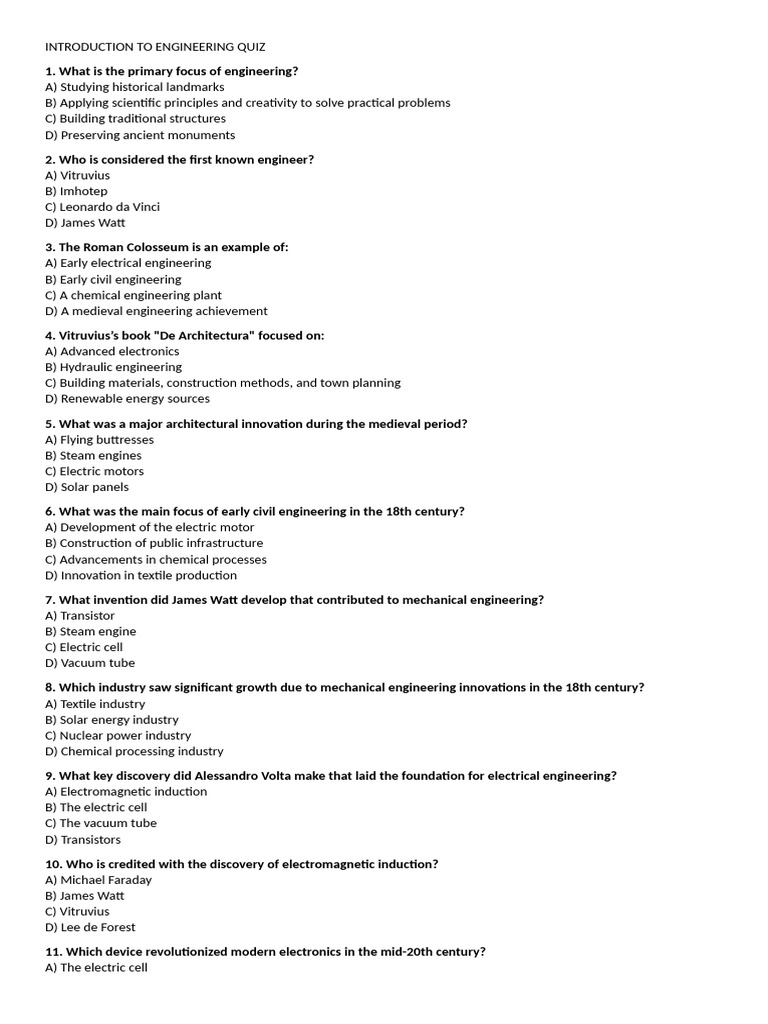 Introduction To Engineering Quiz | PDF | Engineering | Engines