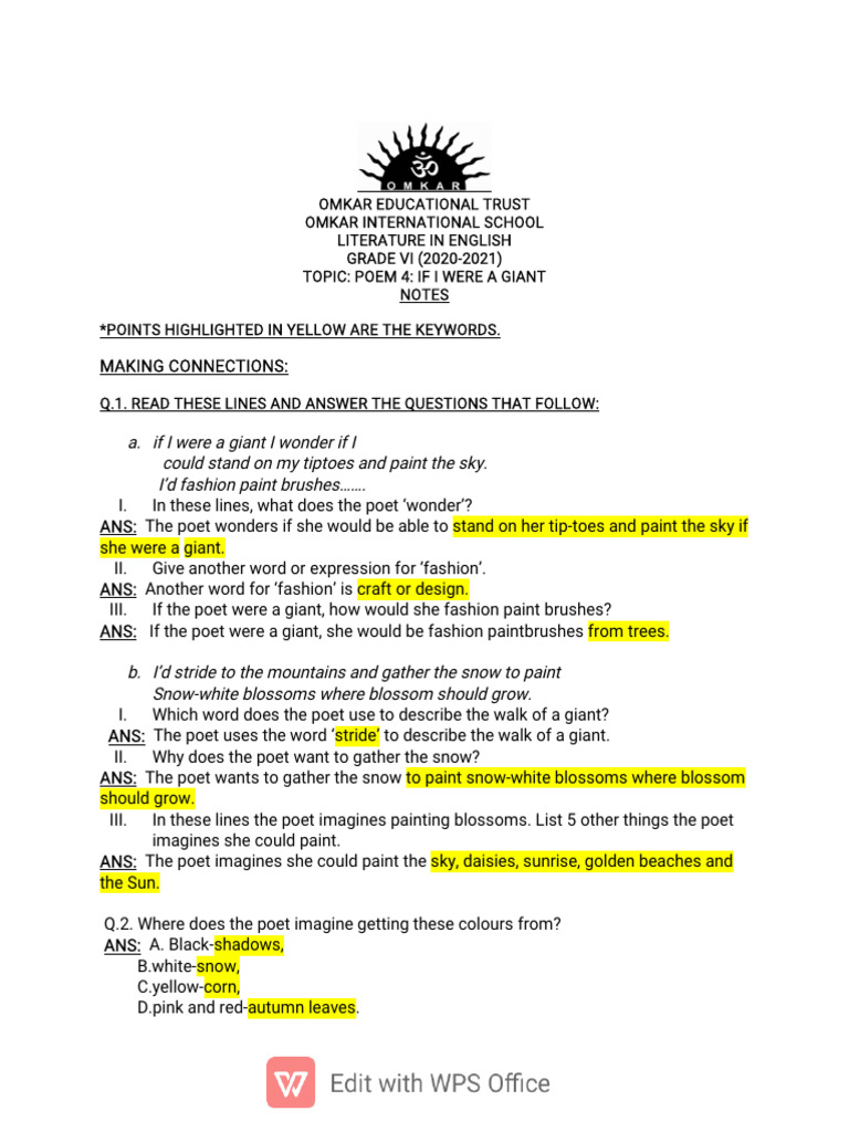 If I Were a Giant: Poem Q&A Guide | PDF