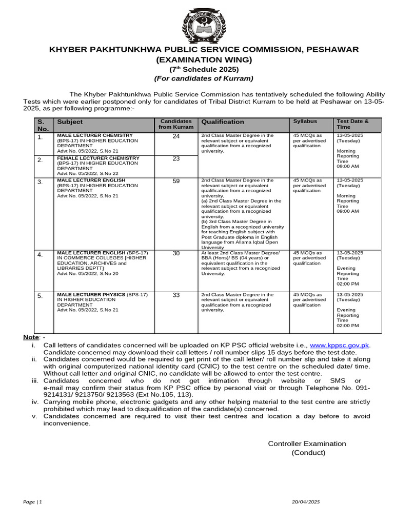 7th Schedule 2025 Ability Test For Kurram District | PDF | Federally ...